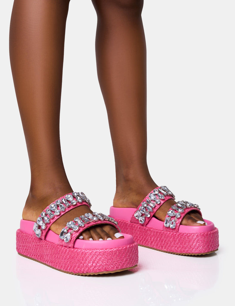 Duchess Pink Raffia Double Strap Embellished Platform Slider Sandals | Public Desire – Public ...