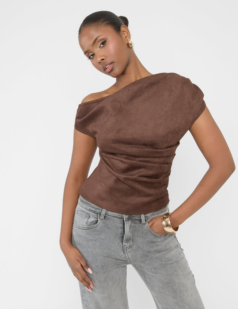 Suedette One Shoulder Ruched Top Chocolate | Public Desire – Public Desire AU