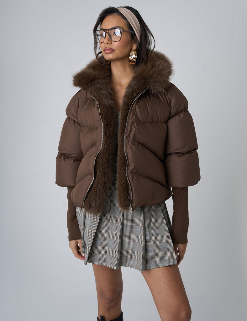 Faux Fur Trim Puffer In Chocolate | Public Desire – Public Desire AU