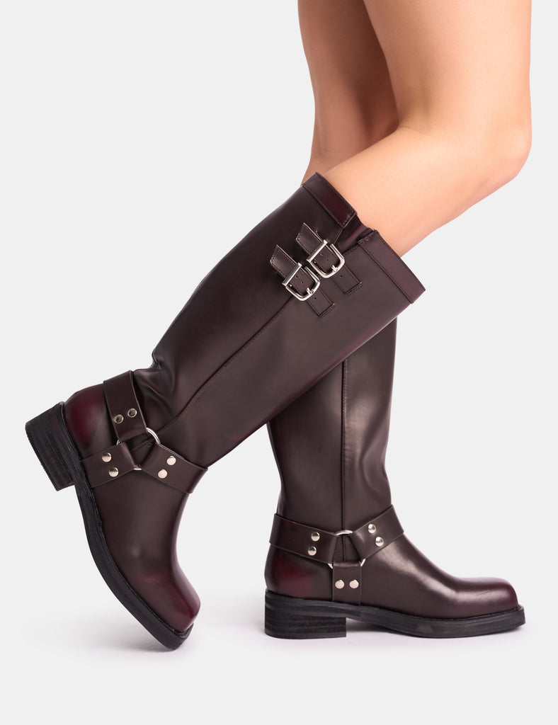 Sirius Burgundy Vintage Buckle Knee Hight Flat Boots | Public Desire ...