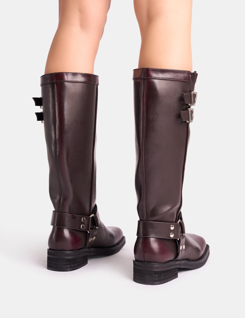 Sirius Burgundy Vintage Buckle Knee Hight Flat Boots | Public Desire ...