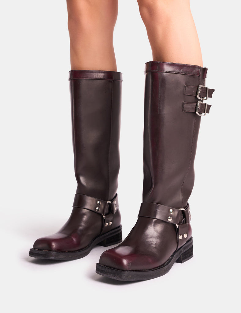Sirius Burgundy Vintage Buckle Knee Hight Flat Boots | Public Desire ...