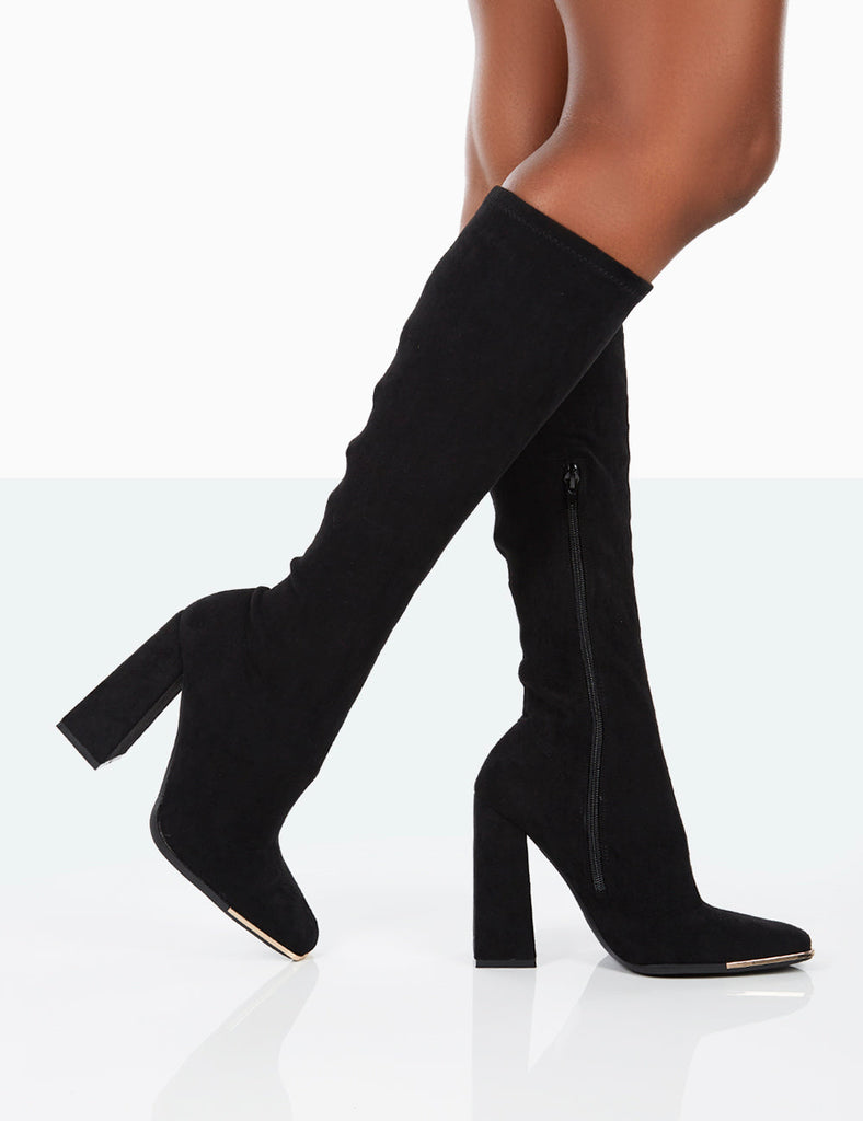 Caryn Black Suede Knee High Heeled Boots | Public Desire – Public Desire AU