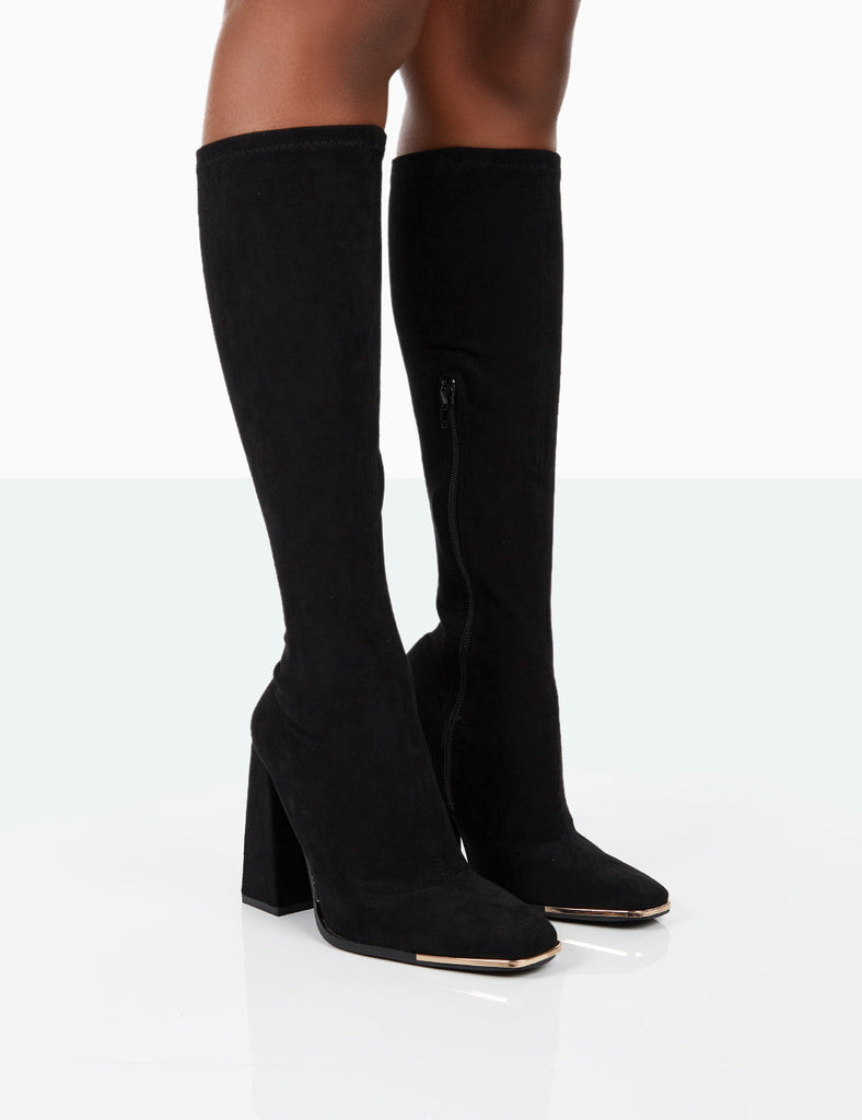 Caryn Black Suede Knee High Heeled Boots | Public Desire – Public Desire AU