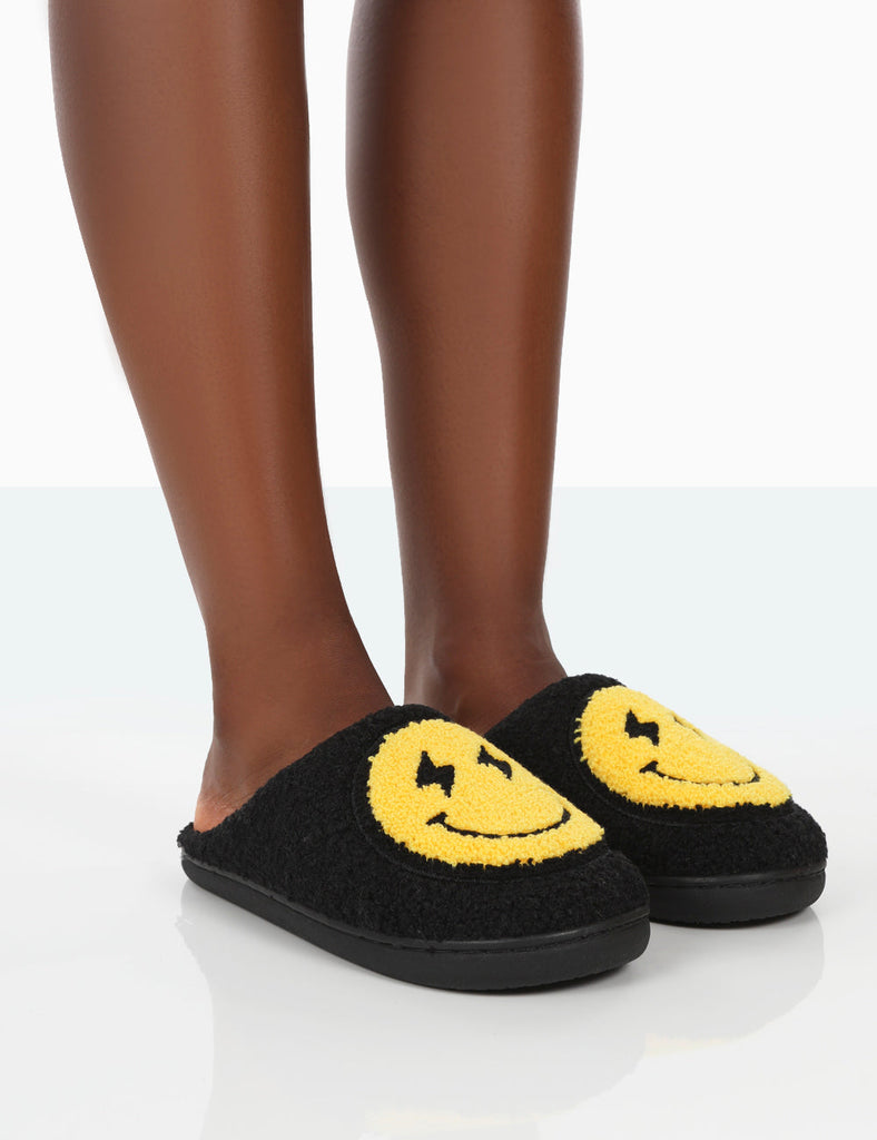 Daze Black Printed Smiley Face Slippers | Public Desire – Public Desire AU