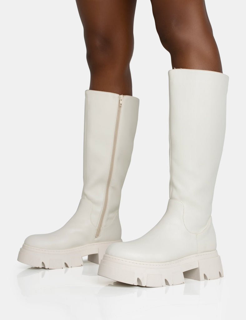 Scorpio Ecru Rubberised Pu Rounded Toe Chunky Sole Knee High Boots ...