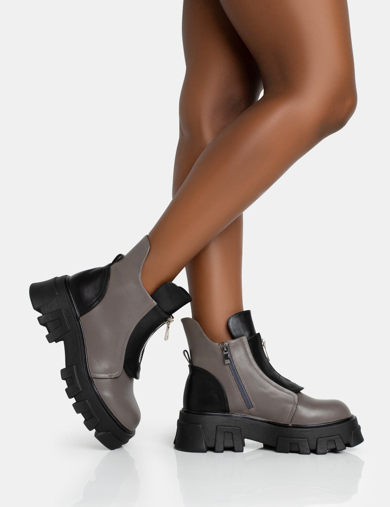Astra Wide Fit Grey and Black Zip Front Chunky Ankle Boots | Public ...