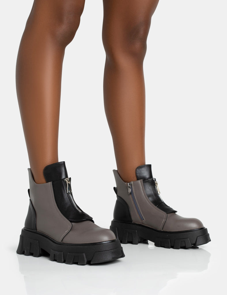 Astra Wide Fit Grey and Black Zip Front Chunky Ankle Boots | Public ...