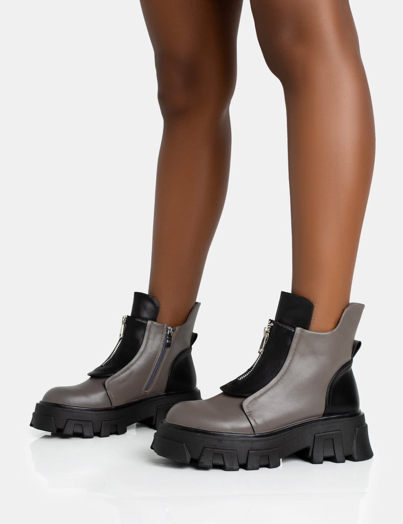 Astra Wide Fit Grey and Black Zip Front Chunky Ankle Boots | Public ...